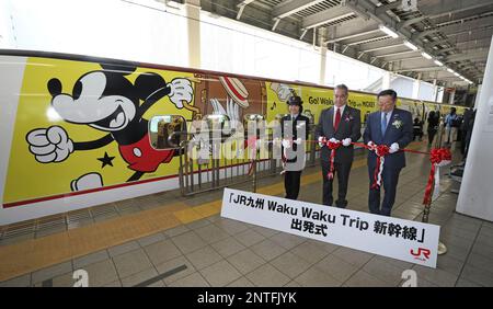 A ceremony is held for the start of "Mickey Mouse Shinkansen" bullet ...