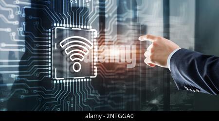 Man clicks on the logo Wireless internet connection communication ...