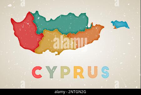Cyprus map. Country poster with regions. Old grunge texture. Shape of ...