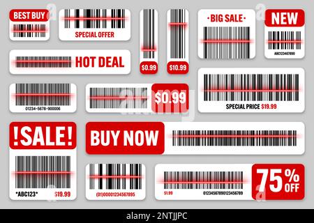 Set of product barcodes with red scanning line. Identification tracking ...