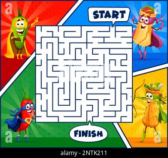 Labyrinth maze game, cartoon superhero animal characters kids puzzle ...
