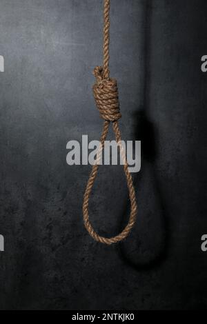 Tied rope noose against grey stone background Stock Photo - Alamy
