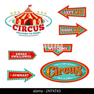 Retro tent circus signs and vintage carnival signboards or direction ...