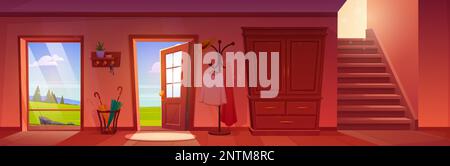 Hallway cartoon interior with stairs and open door in vector. Summer ...