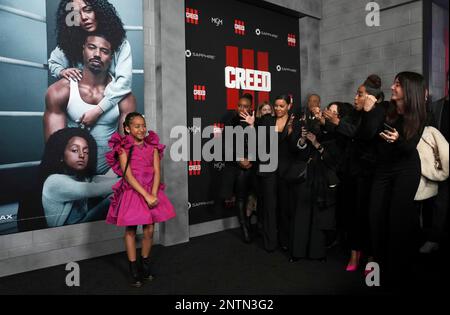 Mila Davis-Kent arrives at the premiere of "Creed III" on Monday, Feb ...