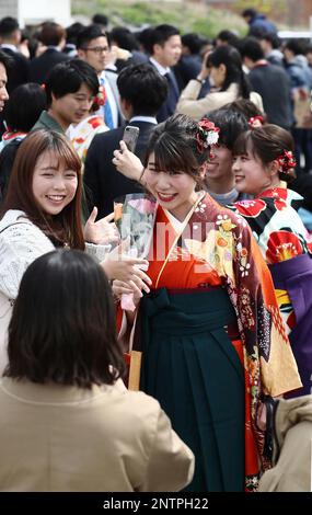 Female graduate students of Kyushu University, wearing a montsuki and ...