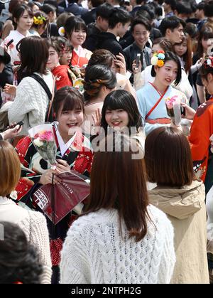 Female graduate students of Kyushu University, wearing a montsuki and ...