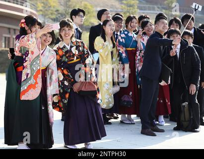 Female graduate students of Kyushu University, wearing a montsuki and ...