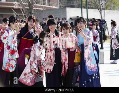 Female graduate students of Kyushu University, wearing a montsuki and ...