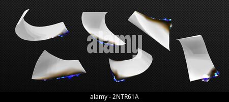 Burning white paper sheets with blue fire and black scorched edges ...