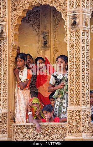 Gangaur festival,people watching a parade inside the Fort near Raj ...