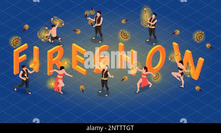 Fireshow people isometric flowchart with torch and fan symbols vector ...