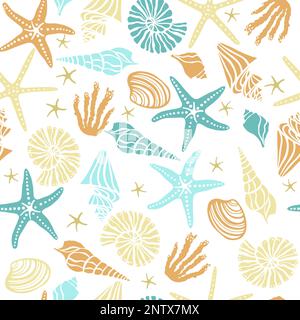 Cute cartoon seashell doodle seamless pattern. Hand drawn sea shells ...