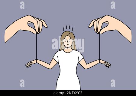 Person holding woman as puppet doll on ropes. Puppeteer control ...