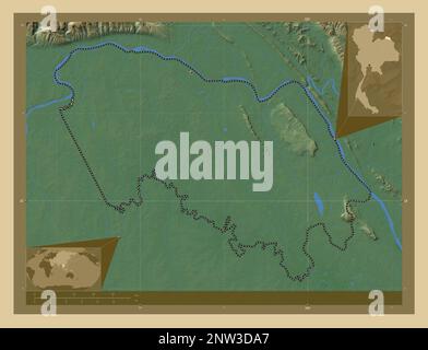 Bueng Kan, province of Thailand. Colored elevation map with lakes and ...