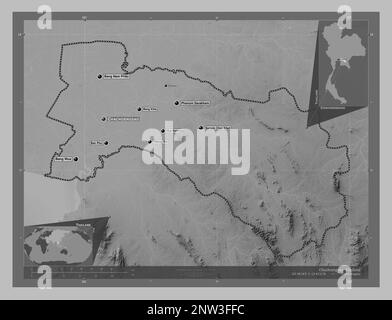 Chachoengsao, province of Thailand. Grayscale elevation map with lakes ...