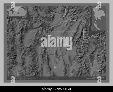 Chiang Rai, province of Thailand. Grayscale elevation map with lakes ...