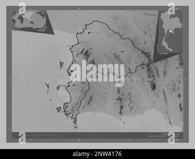 Chon Buri, province of Thailand. Grayscale elevation map with lakes and ...