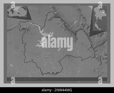 Kalasin, province of Thailand. Grayscale elevation map with lakes and ...
