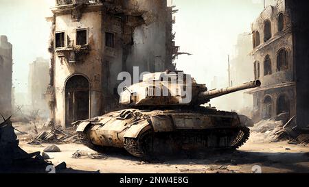 Tank rolling in a war zone. Destroyed building in the background Stock ...