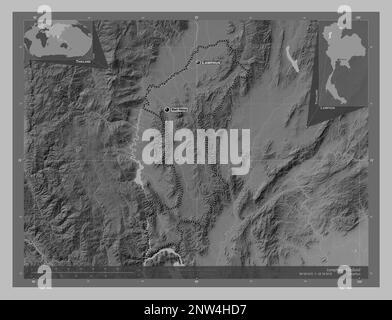 Lamphun, province of Thailand. Grayscale elevation map with lakes and ...