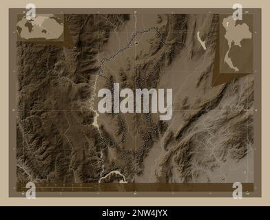 Lamphun, province of Thailand. Elevation map colored in sepia tones ...