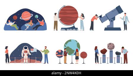 People in planetarium. Visitors to astronomy museum. Guide with ...
