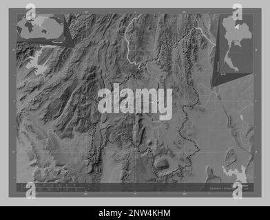 Loei, province of Thailand. Grayscale elevation map with lakes and ...