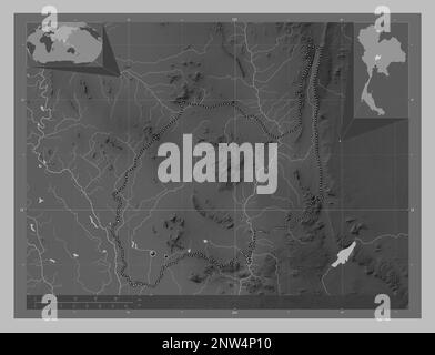 Lop Buri, province of Thailand. Grayscale elevation map with lakes and ...