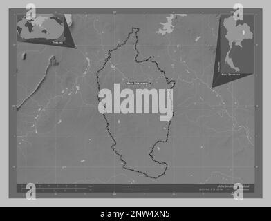 Maha Sarakham, province of Thailand. Grayscale elevation map with lakes ...
