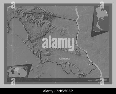 Mukdahan, province of Thailand. Grayscale elevation map with lakes and ...