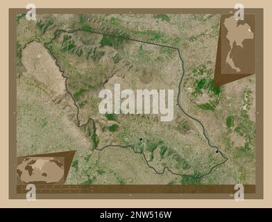 Mukdahan, province of Thailand. Low resolution satellite map. Corner ...