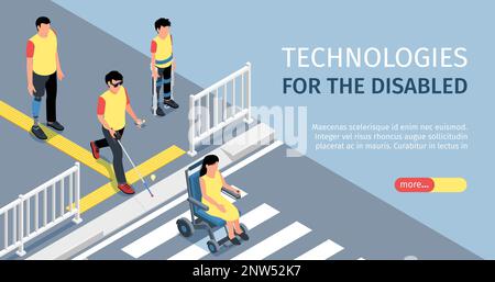 Disabled people using modern smart technology isometric icons set with ...