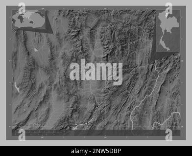 Nan, province of Thailand. Grayscale elevation map with lakes and ...