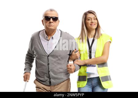 Community worker helping a blind man isolated on white background Stock ...