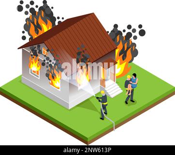 Fire engine truck isometric side front view. Firetruck car with alarm ...