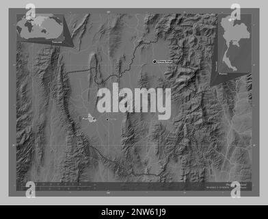 Phayao, province of Thailand. Grayscale elevation map with lakes and ...