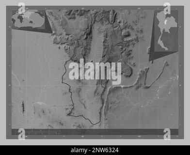 Phetchabun, province of Thailand. Grayscale elevation map with lakes ...