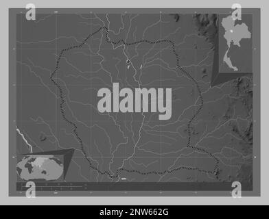 Phichit, province of Thailand. Grayscale elevation map with lakes and ...
