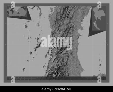 Ranong, province of Thailand. Bilevel elevation map with lakes and ...
