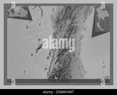 Ranong, province of Thailand. Grayscale elevation map with lakes and ...
