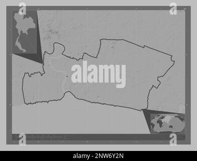Samut Prakan, province of Thailand. Grayscale elevation map with lakes ...