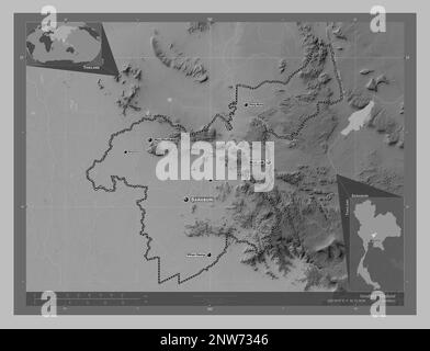 Saraburi, province of Thailand. Grayscale elevation map with lakes and ...
