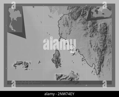 Satun, province of Thailand. Grayscale elevation map with lakes and ...