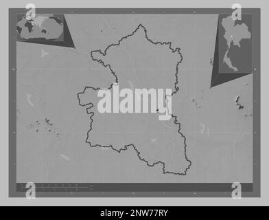 Sing Buri, province of Thailand. Grayscale elevation map with lakes and ...