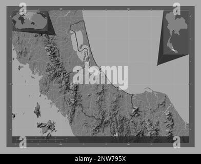 Songkhla, province of Thailand. Bilevel elevation map with lakes and ...