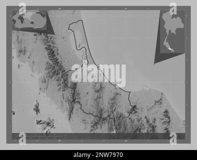 Songkhla, province of Thailand. Grayscale elevation map with lakes and ...