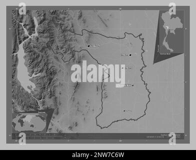 Suphan Buri, province of Thailand. Grayscale elevation map with lakes ...