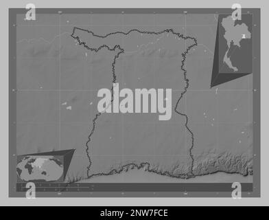 Surin, province of Thailand. Grayscale elevation map with lakes and ...