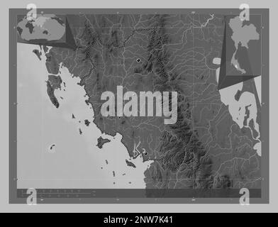 Trang, province of Thailand. Grayscale elevation map with lakes and ...
